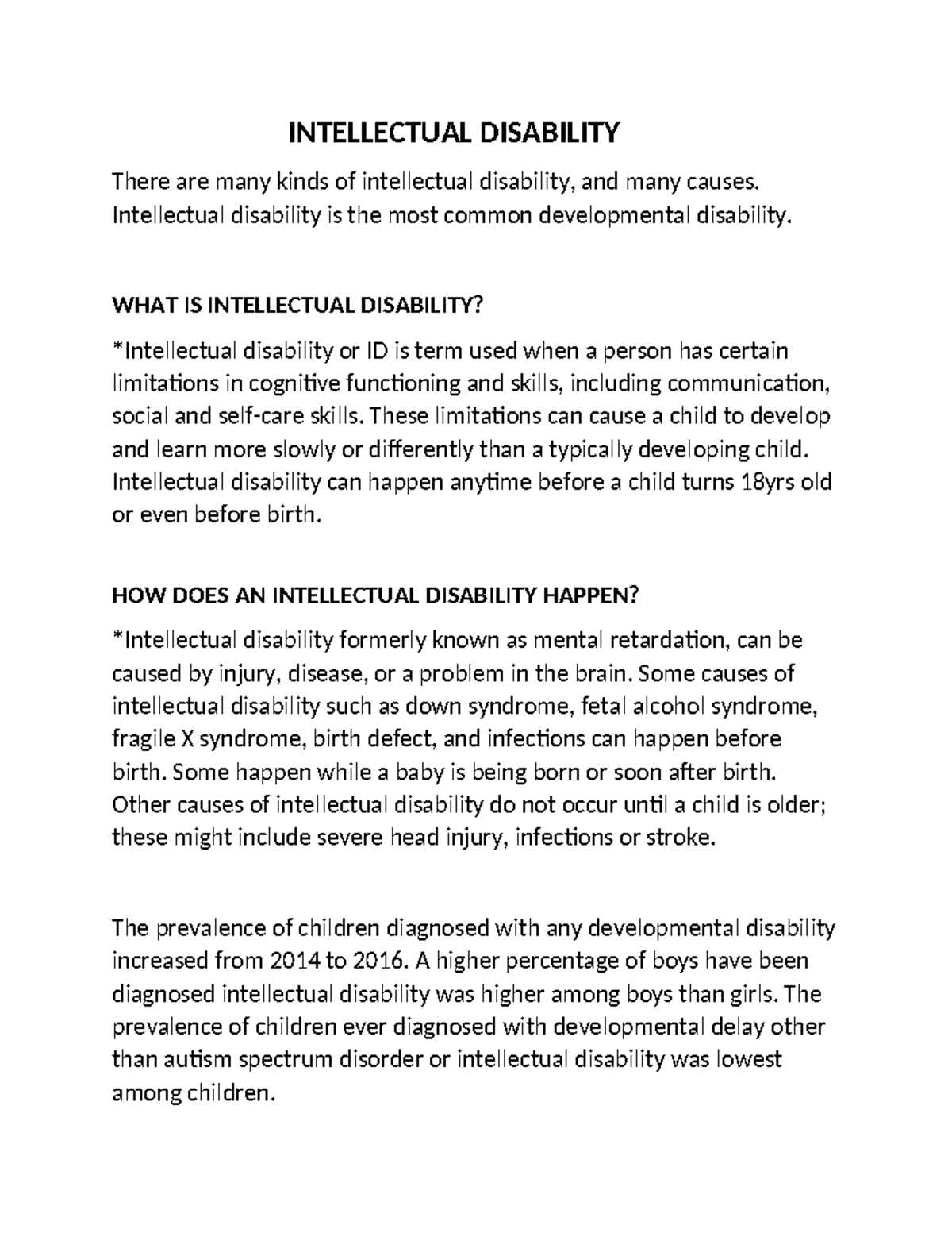 Intellectual Disability - INTELLECTUAL DISABILITY There are many kinds ...