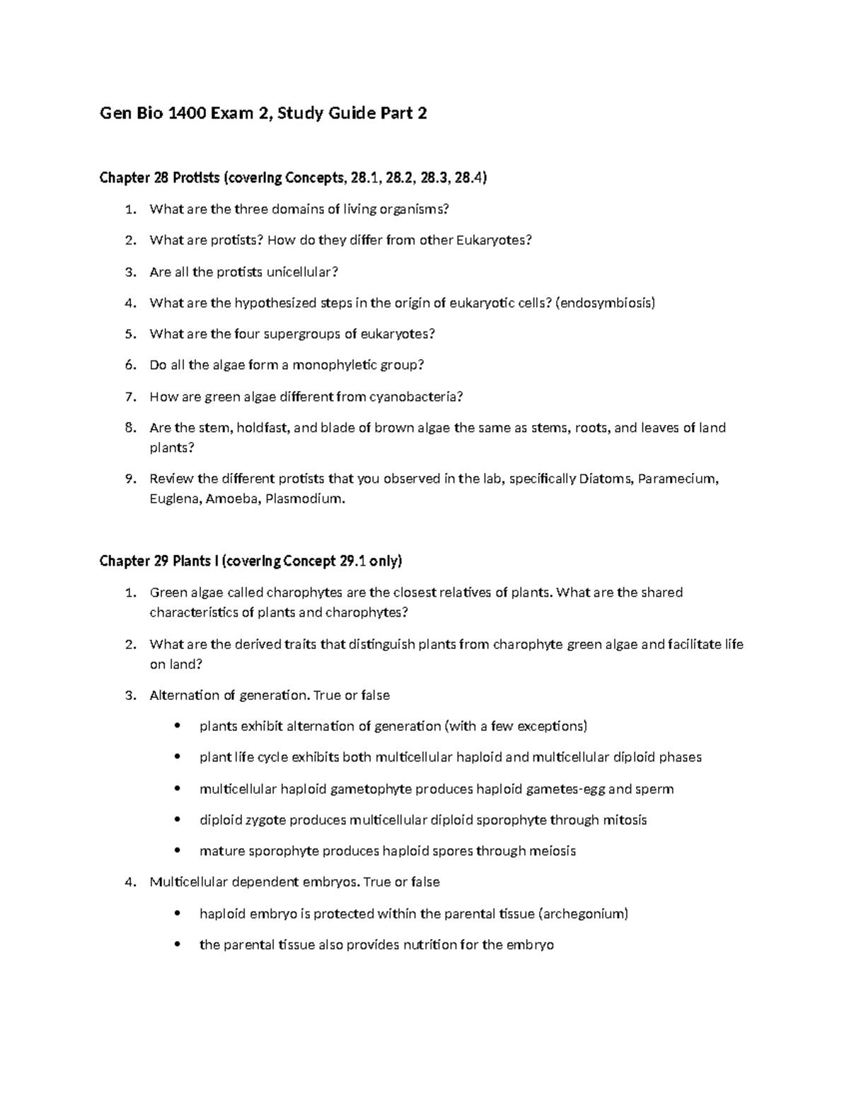 Gen Bio 1400 Exam 2 Study Guide: Key Concepts from Chapters 28-31 - Studocu