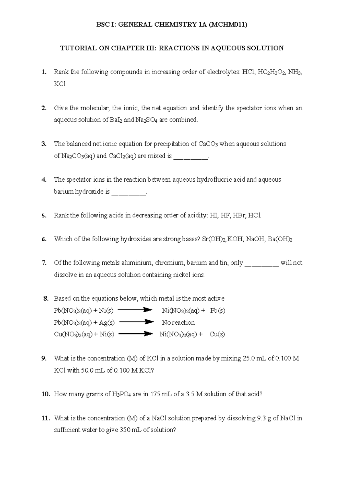 BSC I: GENERAL CHEMISTRY 1A (MCHM011) TUTORIAL ON AQUEOUS REACTIONS ...