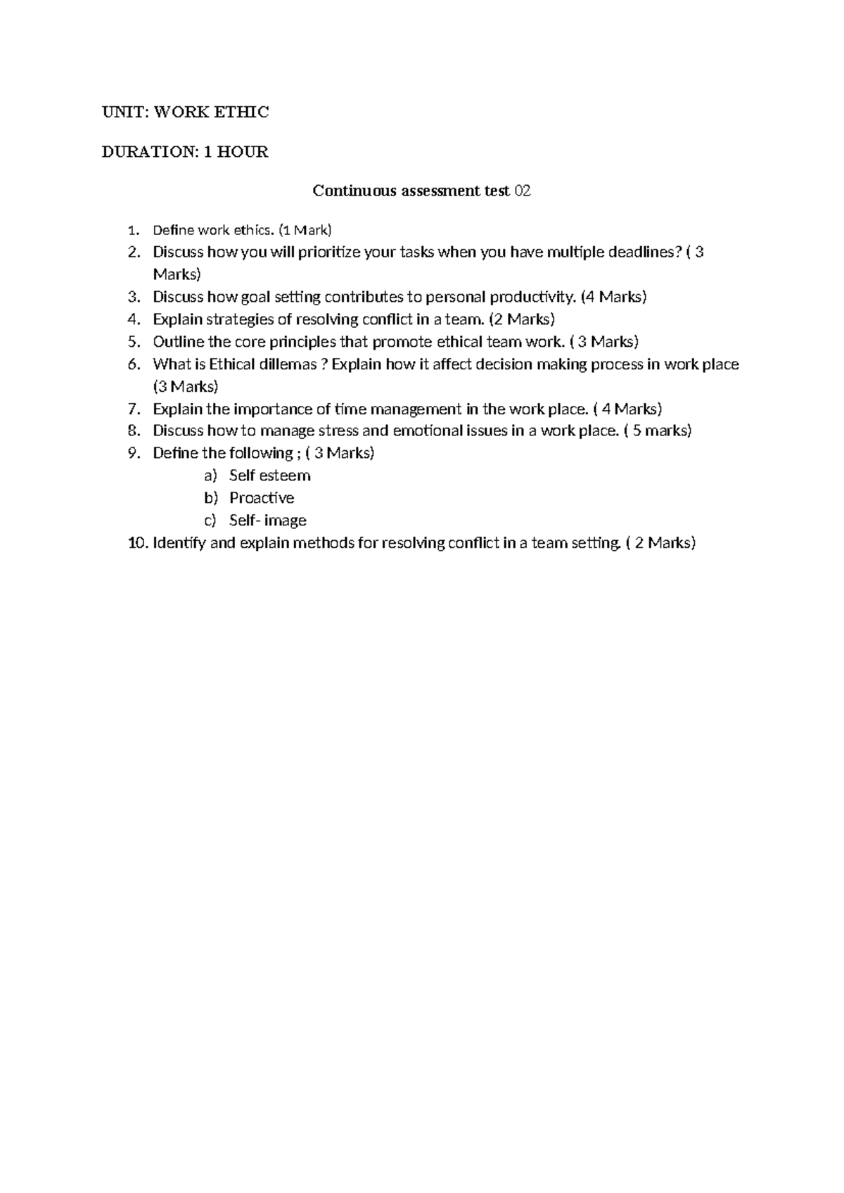 Work Ethic 02: Continuous Assessment Test Notes - Studocu