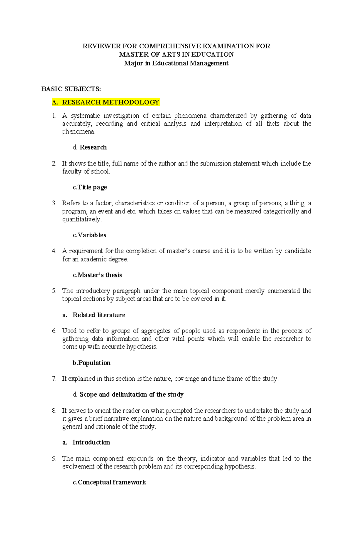 REVIEWER FOR COMPREHENSIVE EXAMINATION IN MAED - EDUCATIONAL MANAGEMENT ...