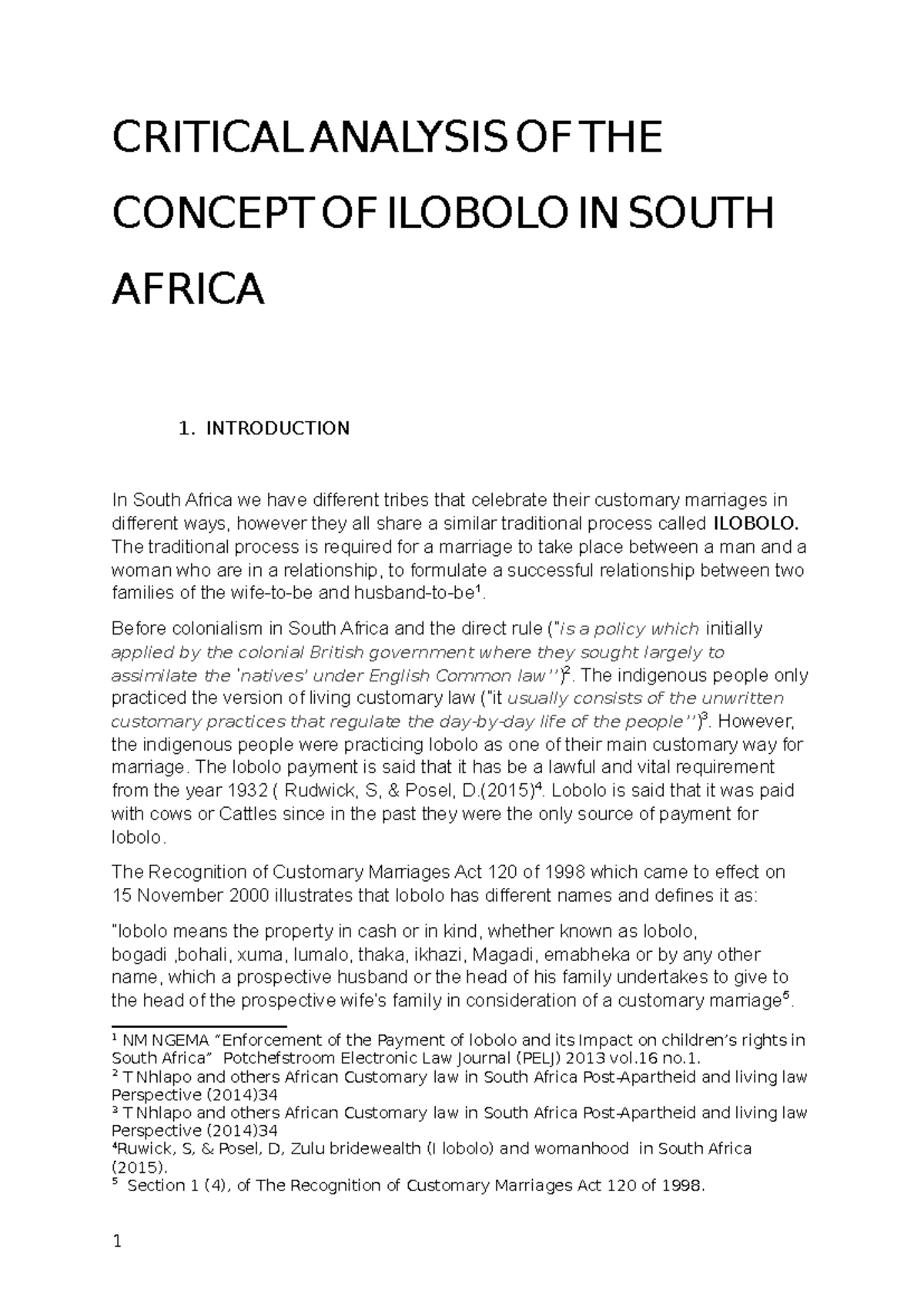 Critical Analysis of Ilobolo: Customary Marriage in South Africa - Studocu