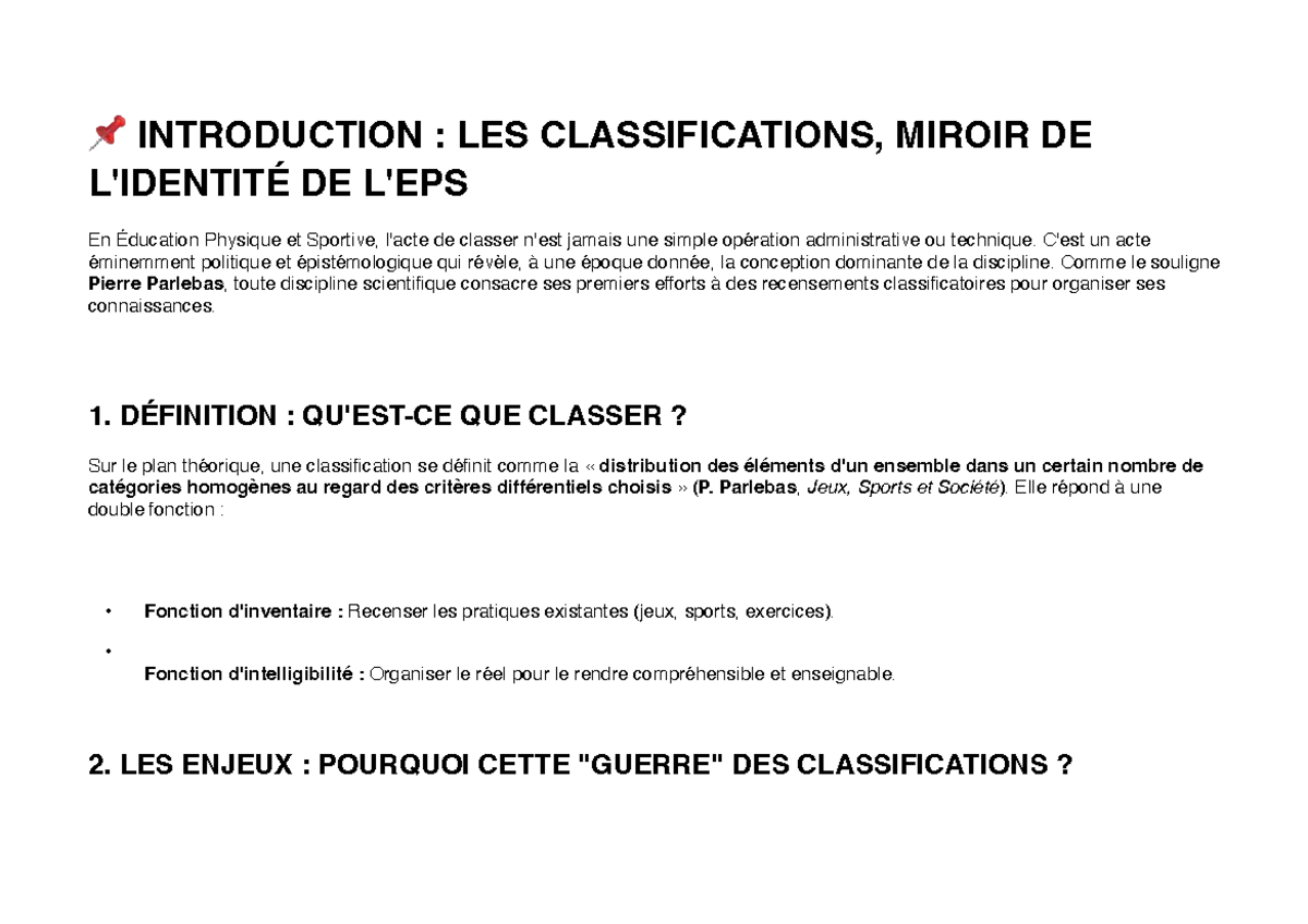Fiche de Classifications en Éducation Physique et Sportive - Studocu
