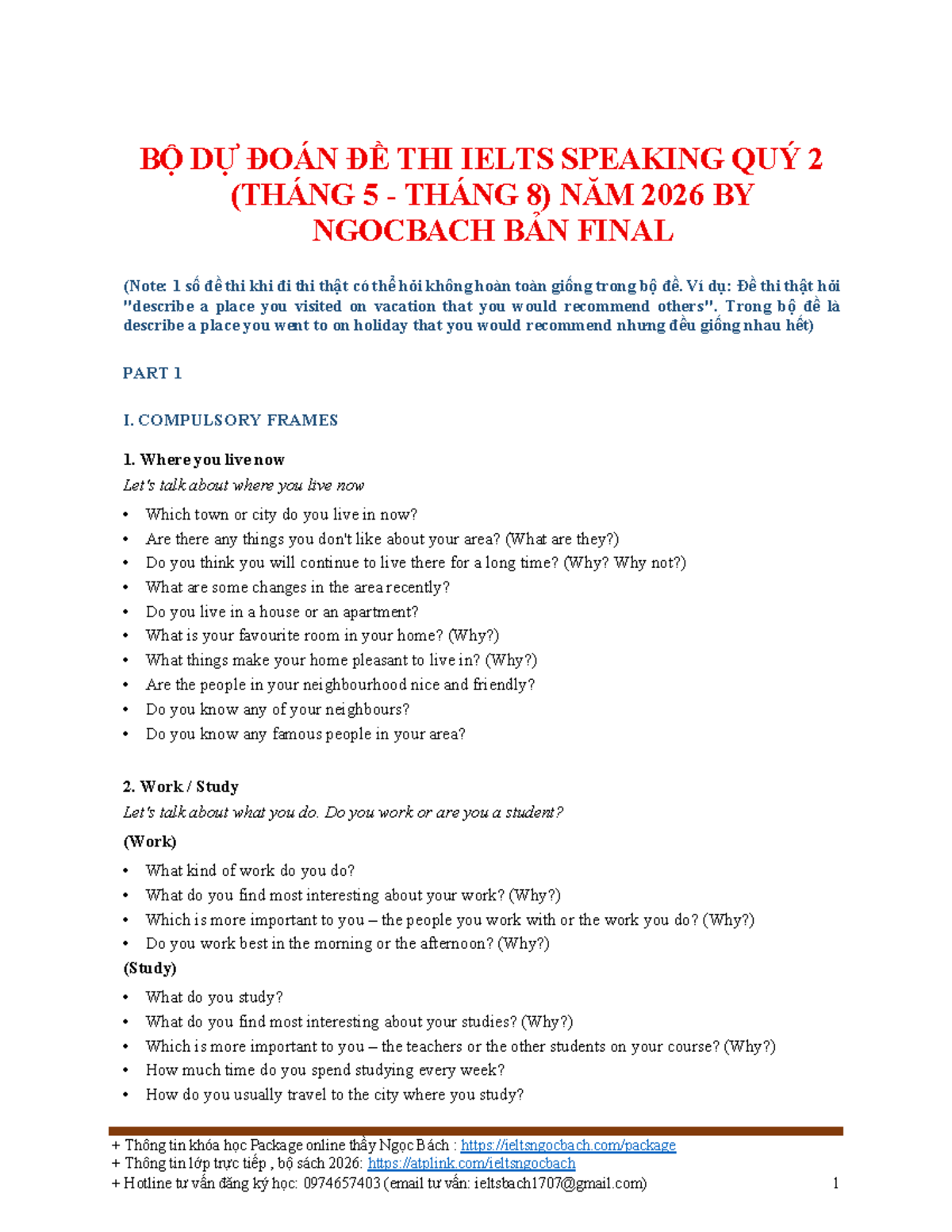 BỘ DỰ ĐOÁN ĐỀ THI IELTS SPEAKING QUÝ 2 NĂM 2026 BY NGOCBACH - Studocu