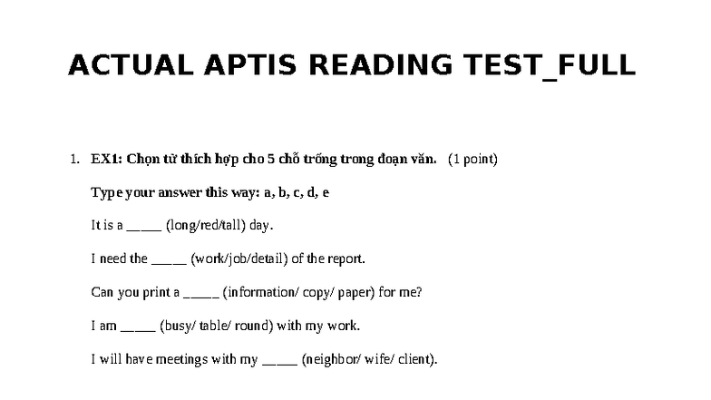 Aptis Reading Test Practice Sheet: Full Set of Exercises - Studocu