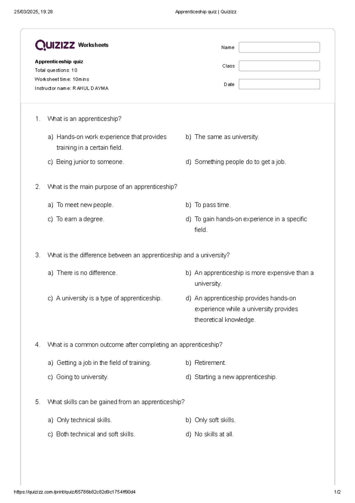 Apprenticeship quiz Quizizz - Worksheets Apprenticeship quiz Total ...