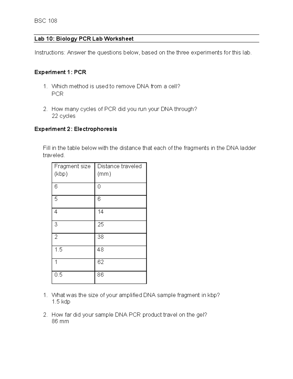 Lab 10 Worksheet - BSC 108 PCR & Electrophoresis Experiments - Studocu