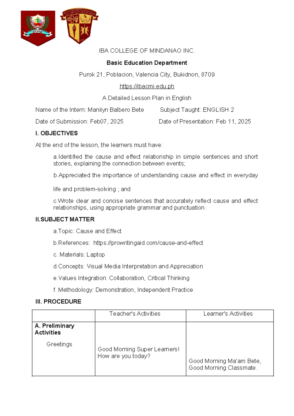 LP for Middemo - Practice Lesson Plan - IBA COLLEGE OF MINDANAO INC ...