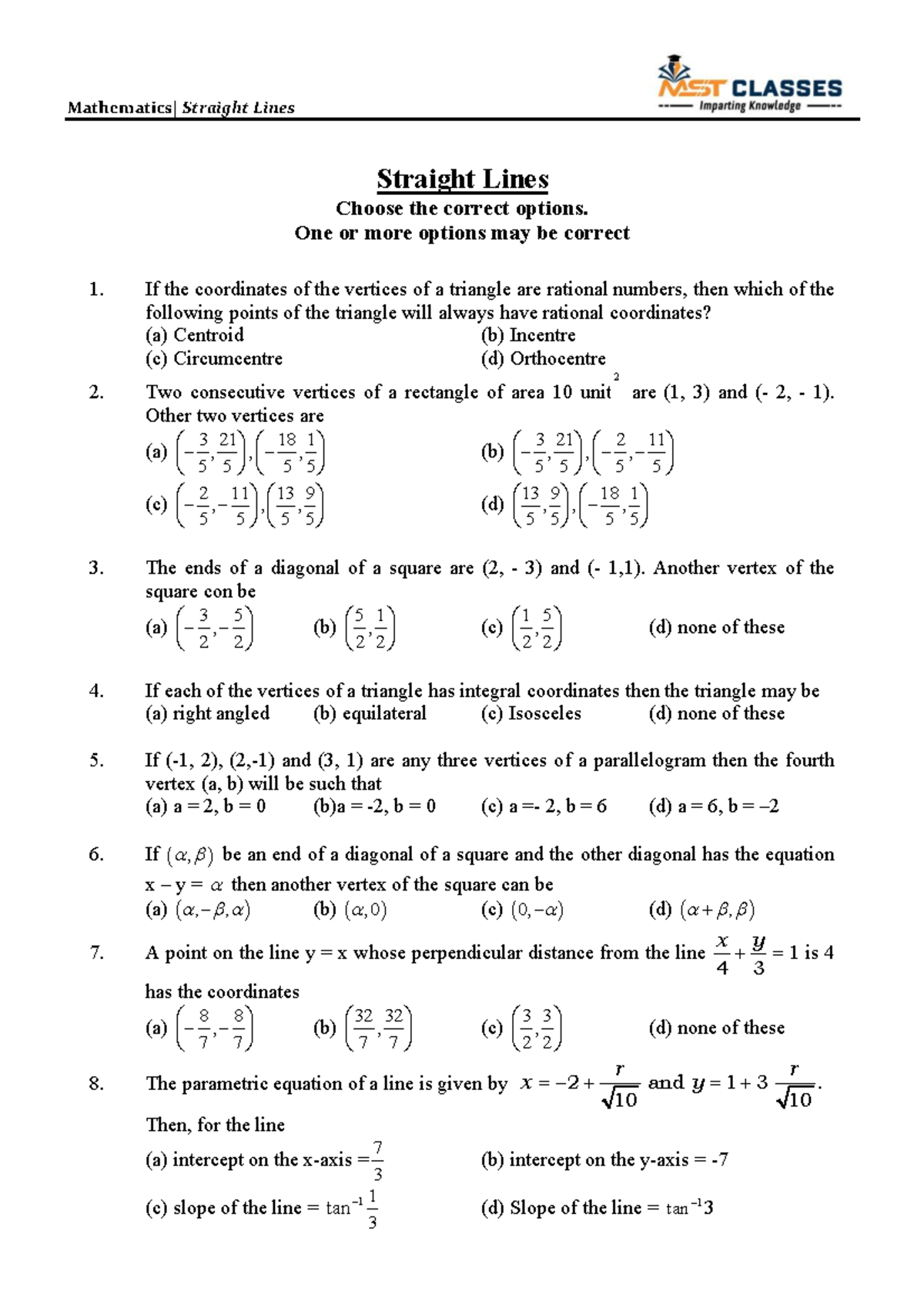 Straight Lines - Questions and Answers for Exam Preparation - Studocu