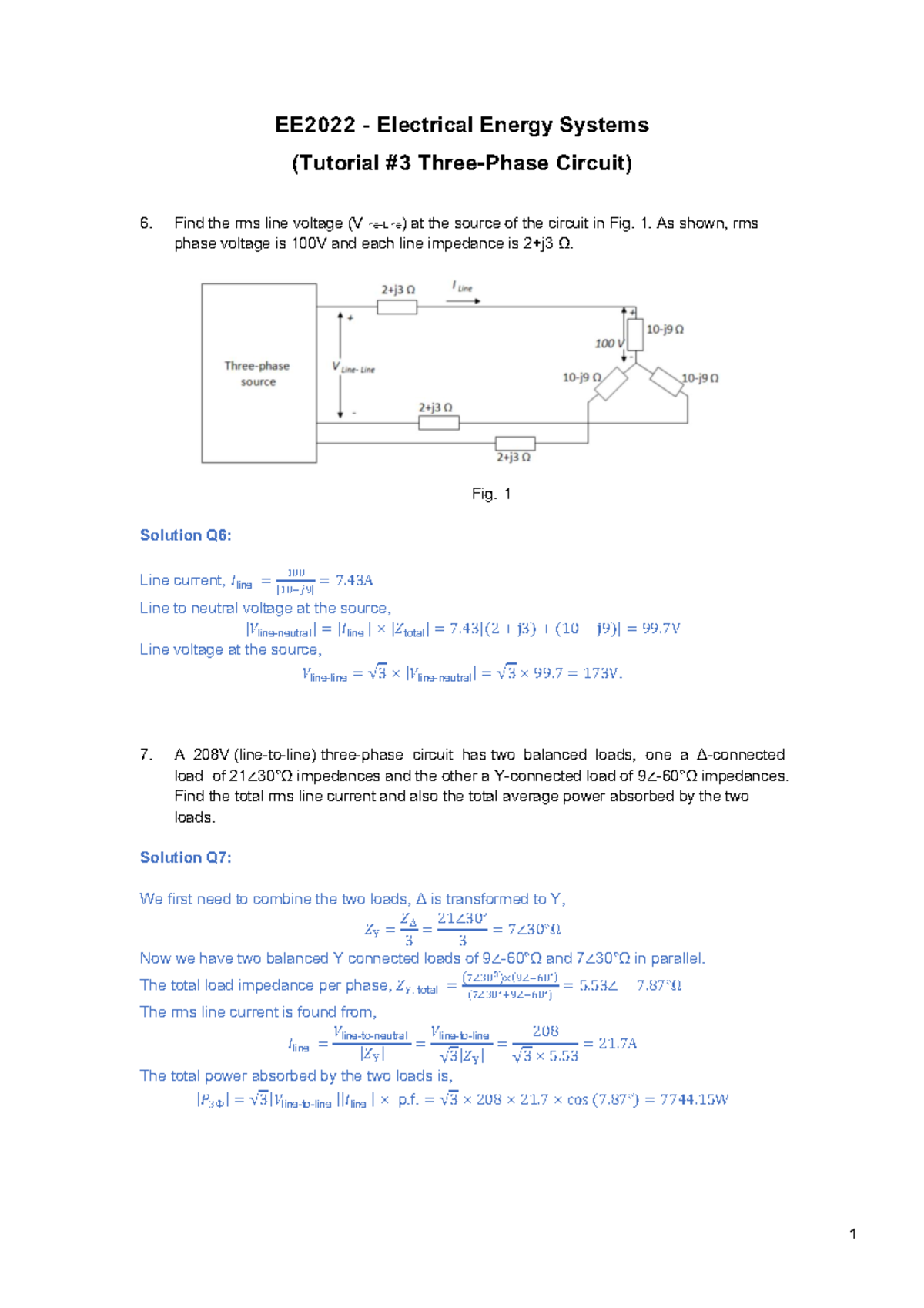 EE2022 Tutorial 3 Solutions: Three Phase Circuits Analysis - Studocu