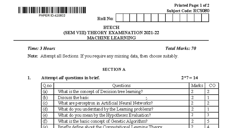 2021-22 RCS080 BTECH Machine Learning Theory Exam Paper - Studocu