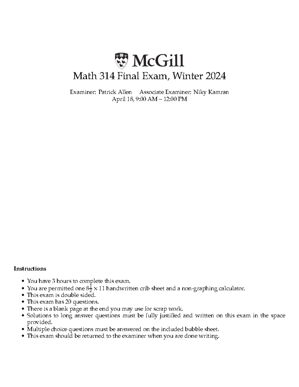 Math 314 Final Exam Solutions, Winter 2024 - Studocu