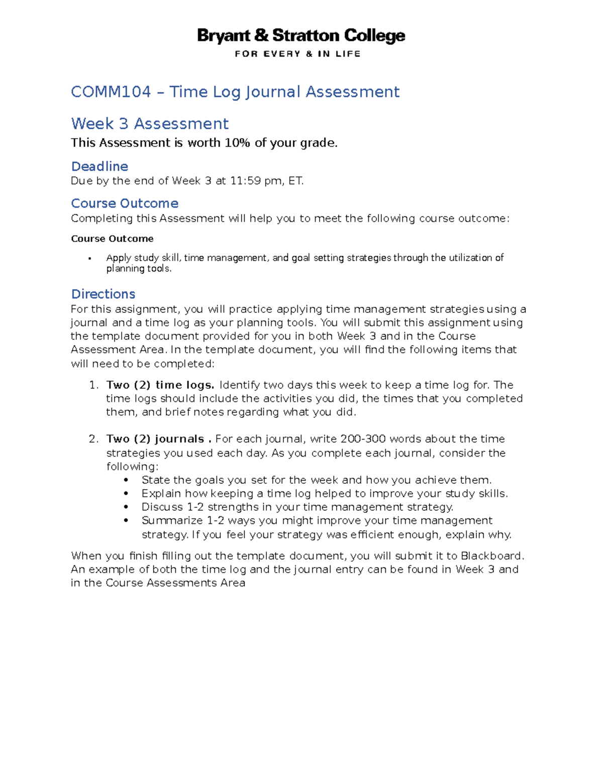 COMM104 W3 Time Log Journal Assignment Overview and Guidelines - Studocu