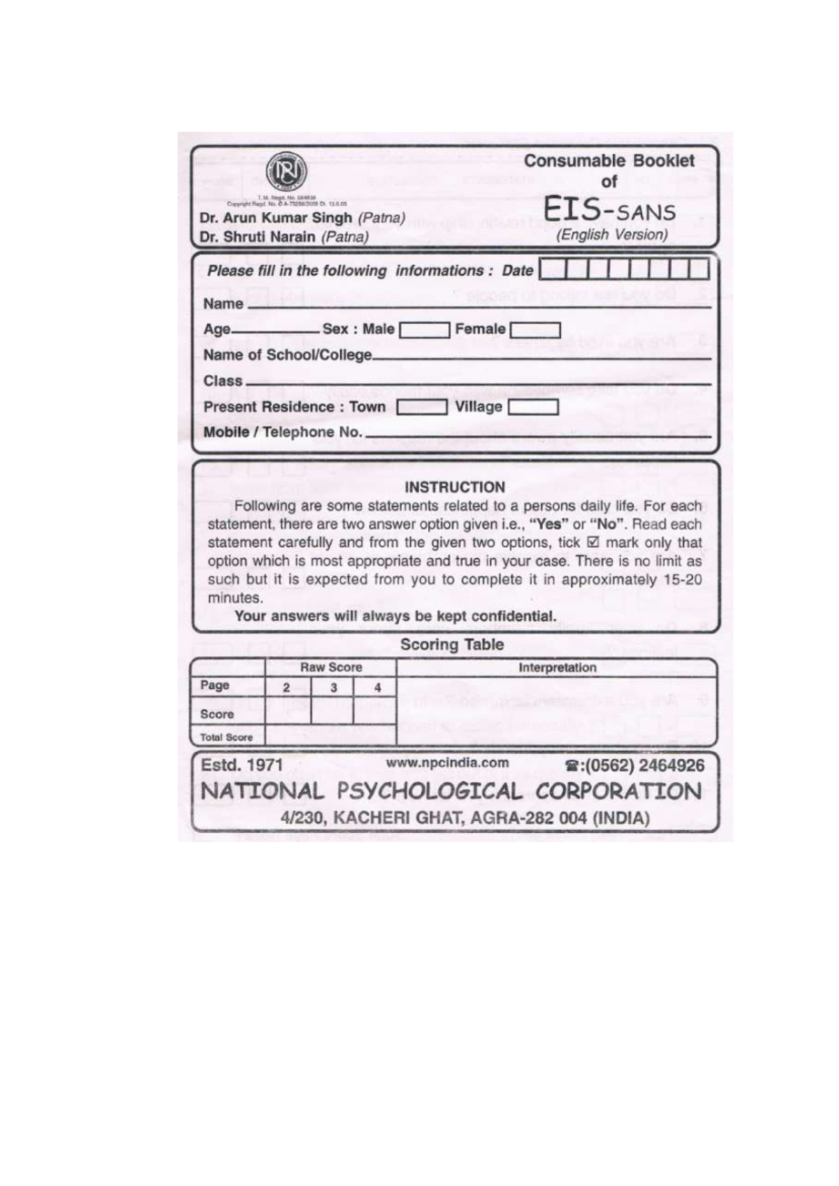 Emotional Intelligence Scale (EIS) Questionnaire - Consumable Booklet ...