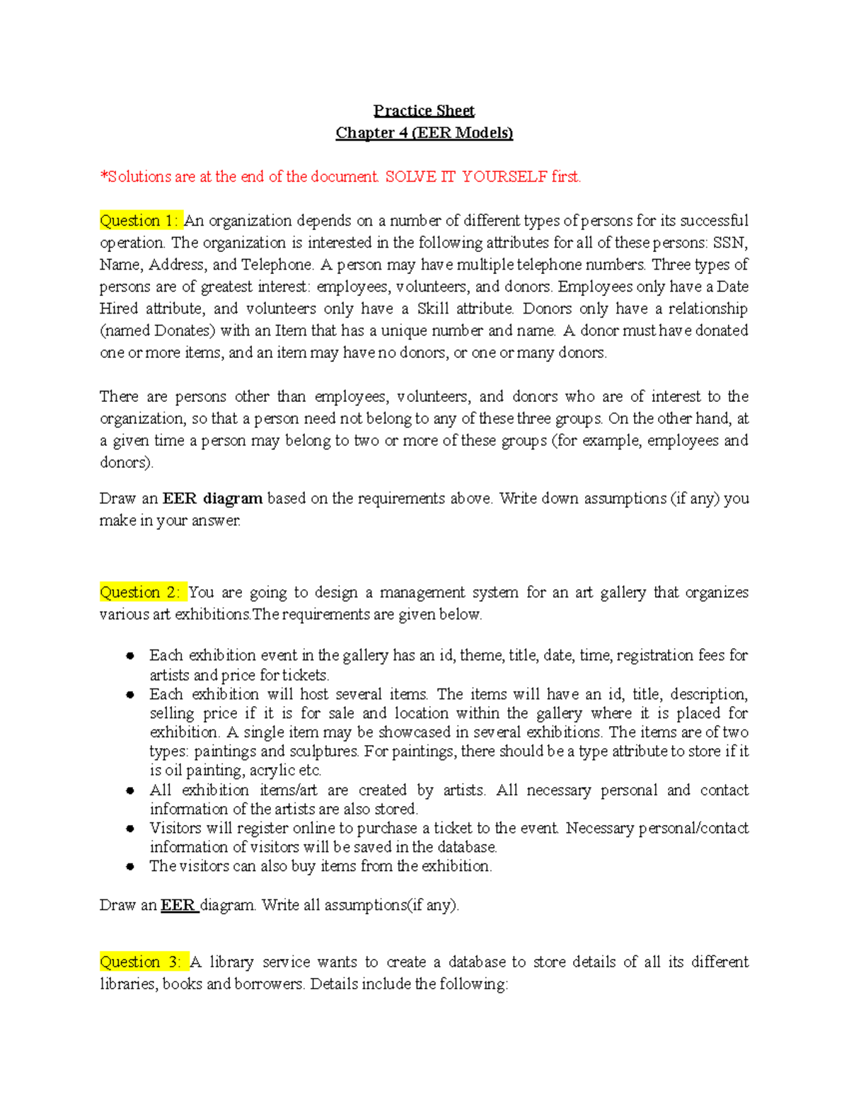 EER Models Practice Sheet (Chapter 4) - Solutions & Diagrams - Studocu