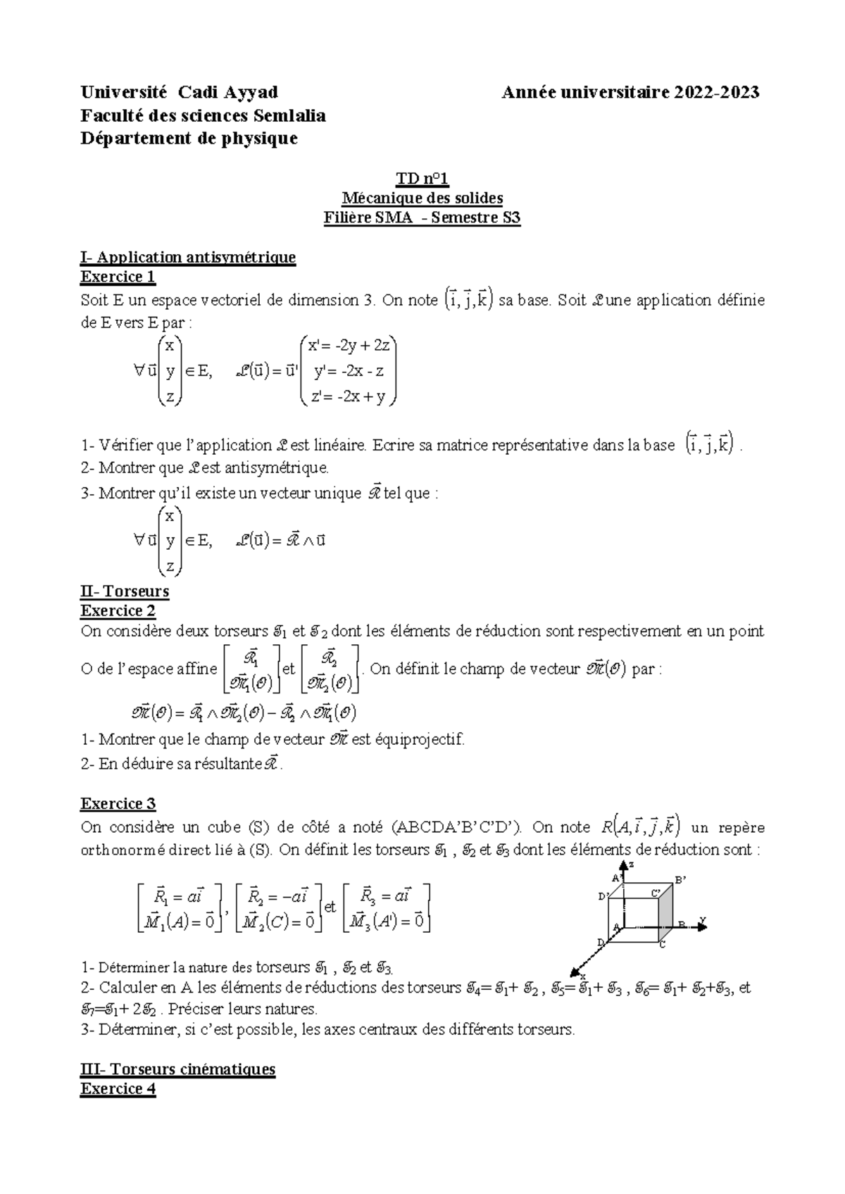 TD n°1 Mécanique des Solides - Filière SMA - Université Cadi Ayyad ...