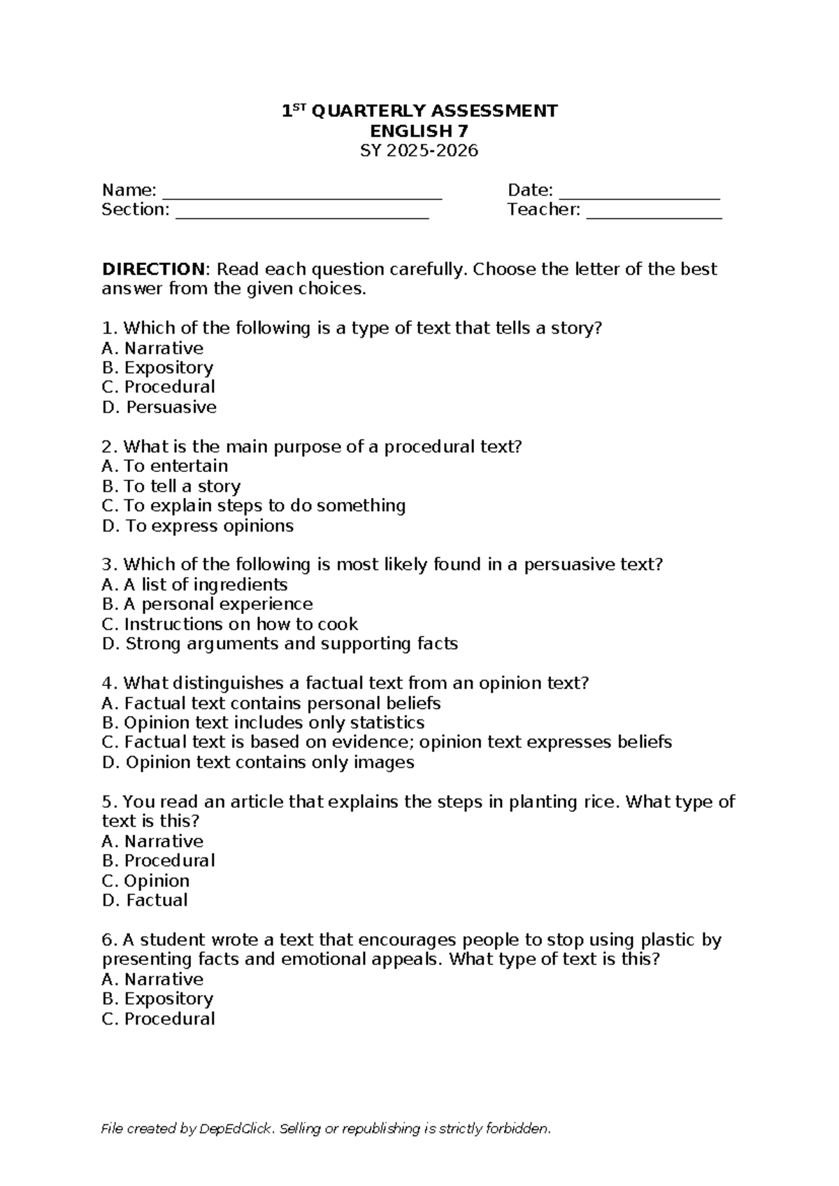 English 7 1st Quarterly Assessment Review and Answer Key - Studocu