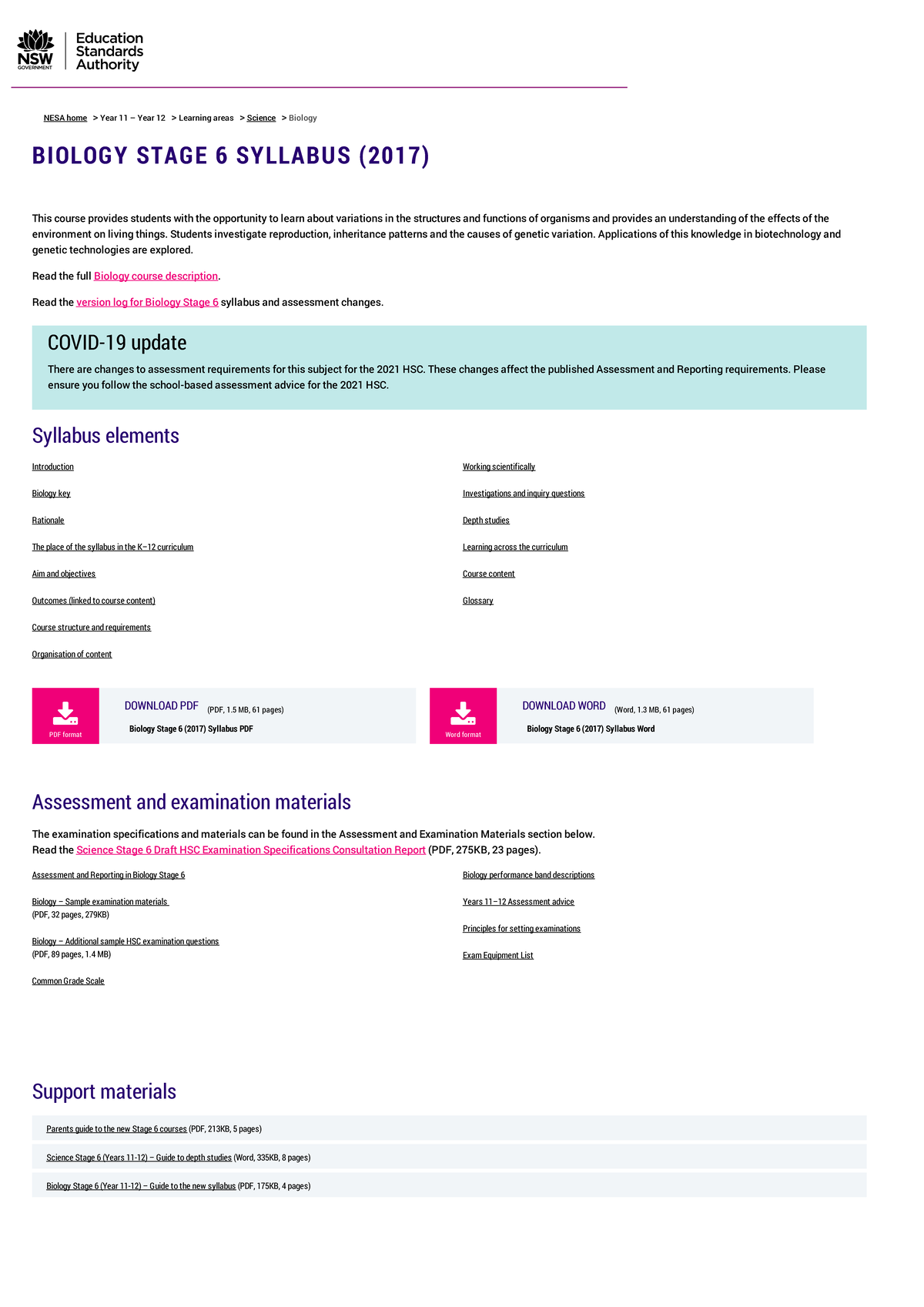 Biology NSW Education Standards Stage 6 Syllabus Overview (2017) - Studocu