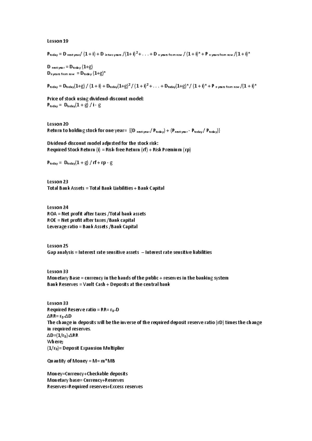 Lesson (19-43) Key Financial Formulas and Concepts - Studocu