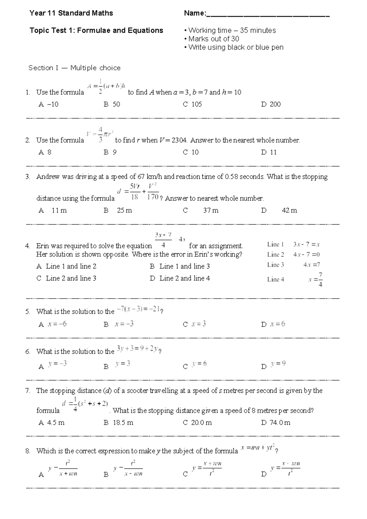 Year 11 Standard Maths Topic Test 1: Formulae & Equations - Studocu
