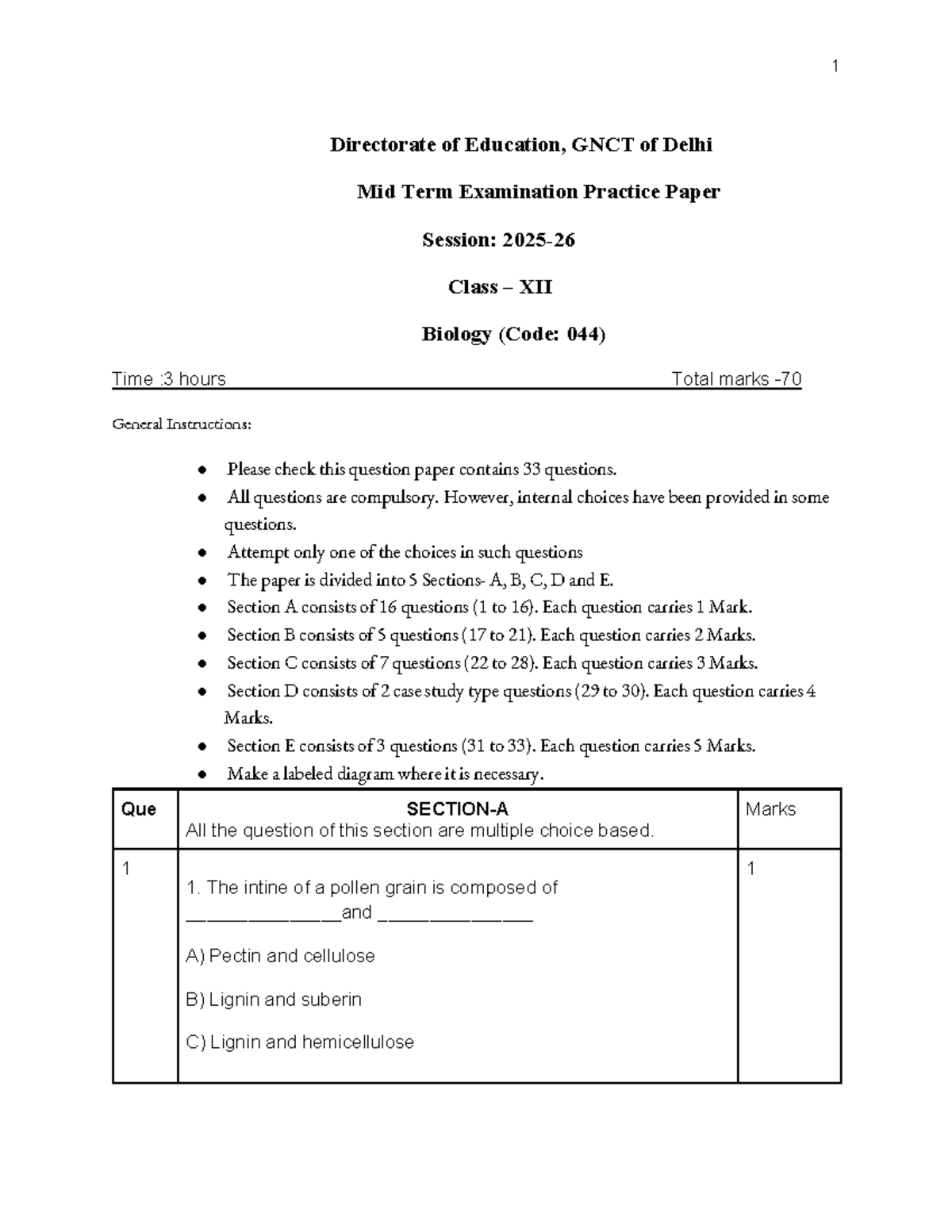 Class XII Biology Mid Term Exam Practice Paper (Code: 044) - Studocu