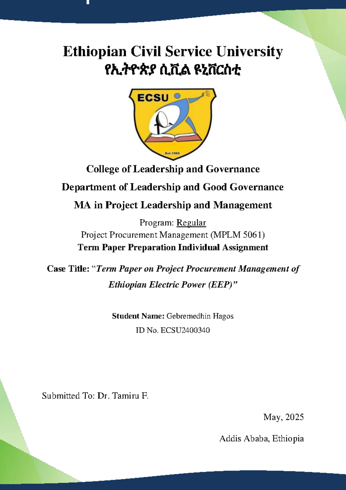 MPLM 5061 Term Paper: Project Procurement Management at EEP - Studocu
