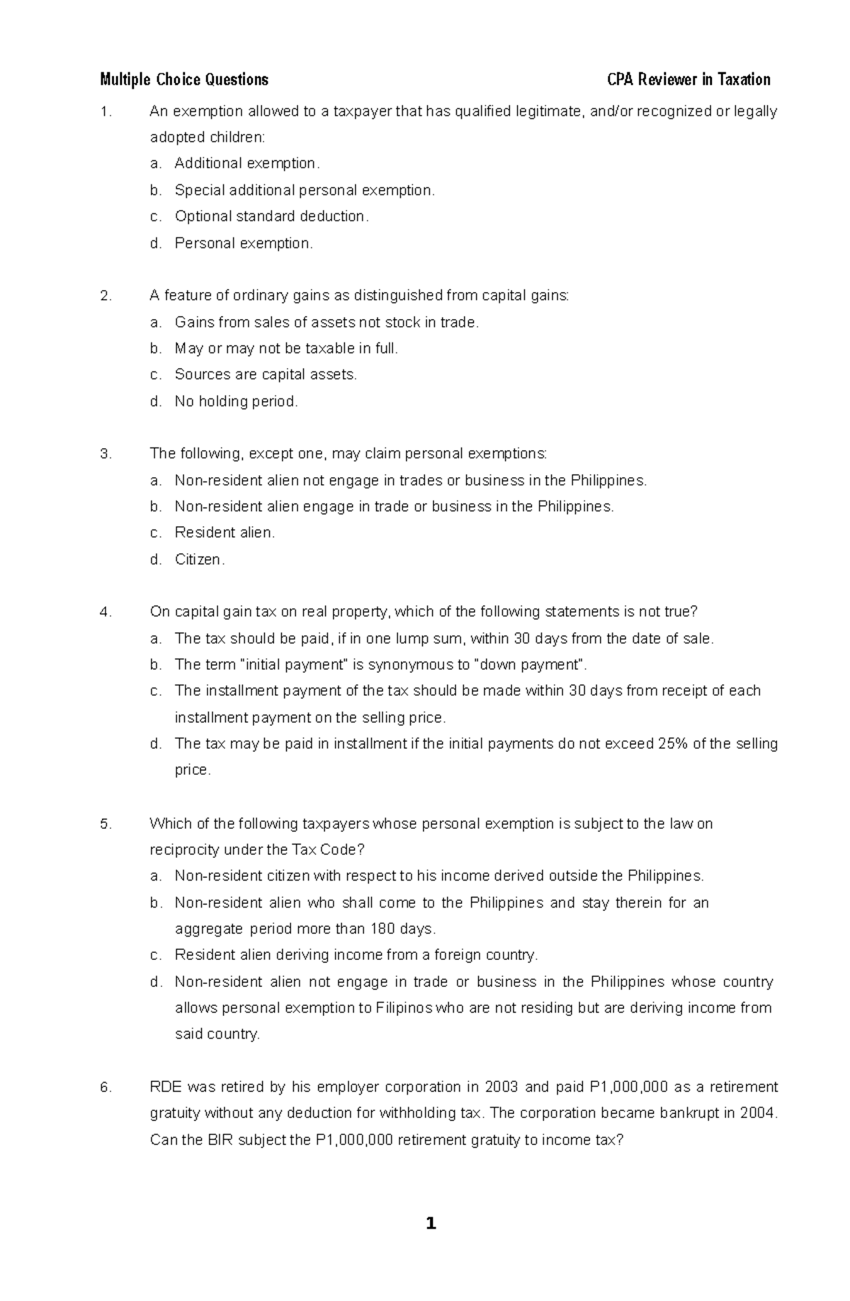 CPA Taxation Final Exam Reviewer: Key Concepts & MCQs - Studocu