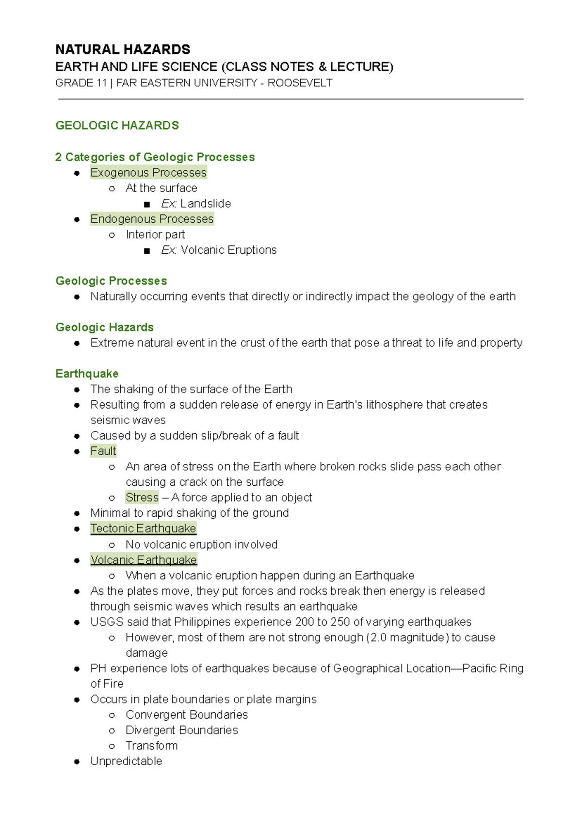 Earth and Life Science Lecture Notes: Natural Hazards (Grade 11) - Studocu