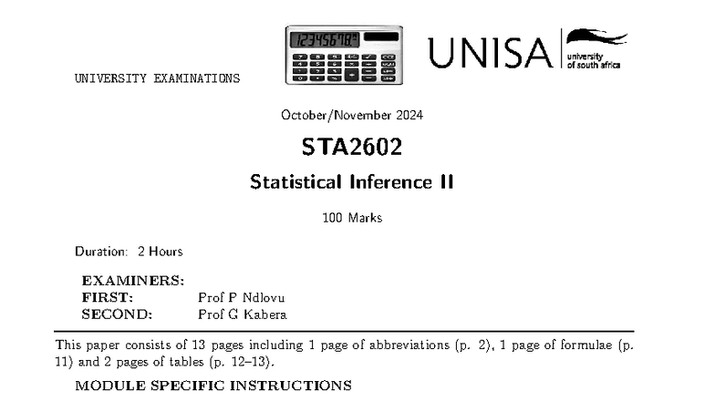STA2602 2024 Final Exam: Statistical Inference II Guidelines - Studocu