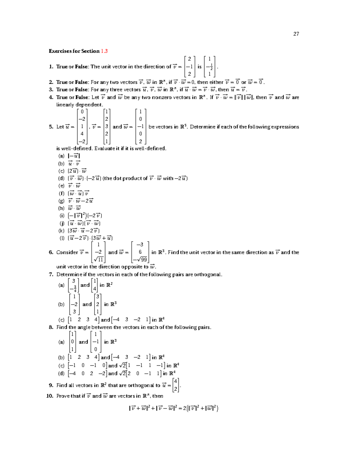 Exercises for Section 1.3: True or False Questions in Rn - Studocu
