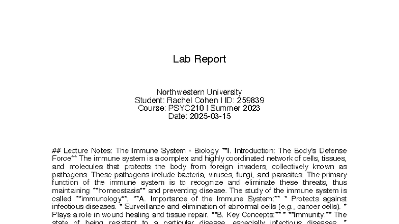 PSYC210 Summer 2023 Lecture Notes: The Immune System Overview - Studocu