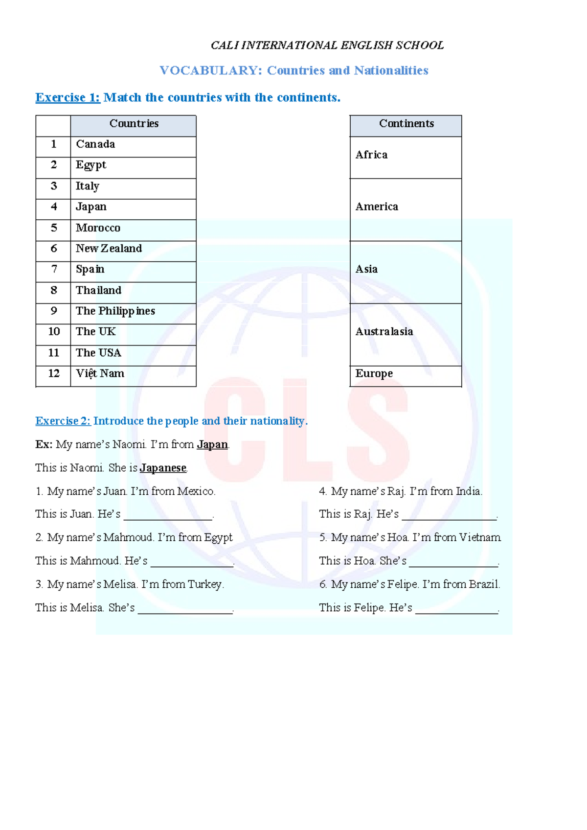 Vocab: Countries & Nationalities - ESL Exercise Guide - Studocu