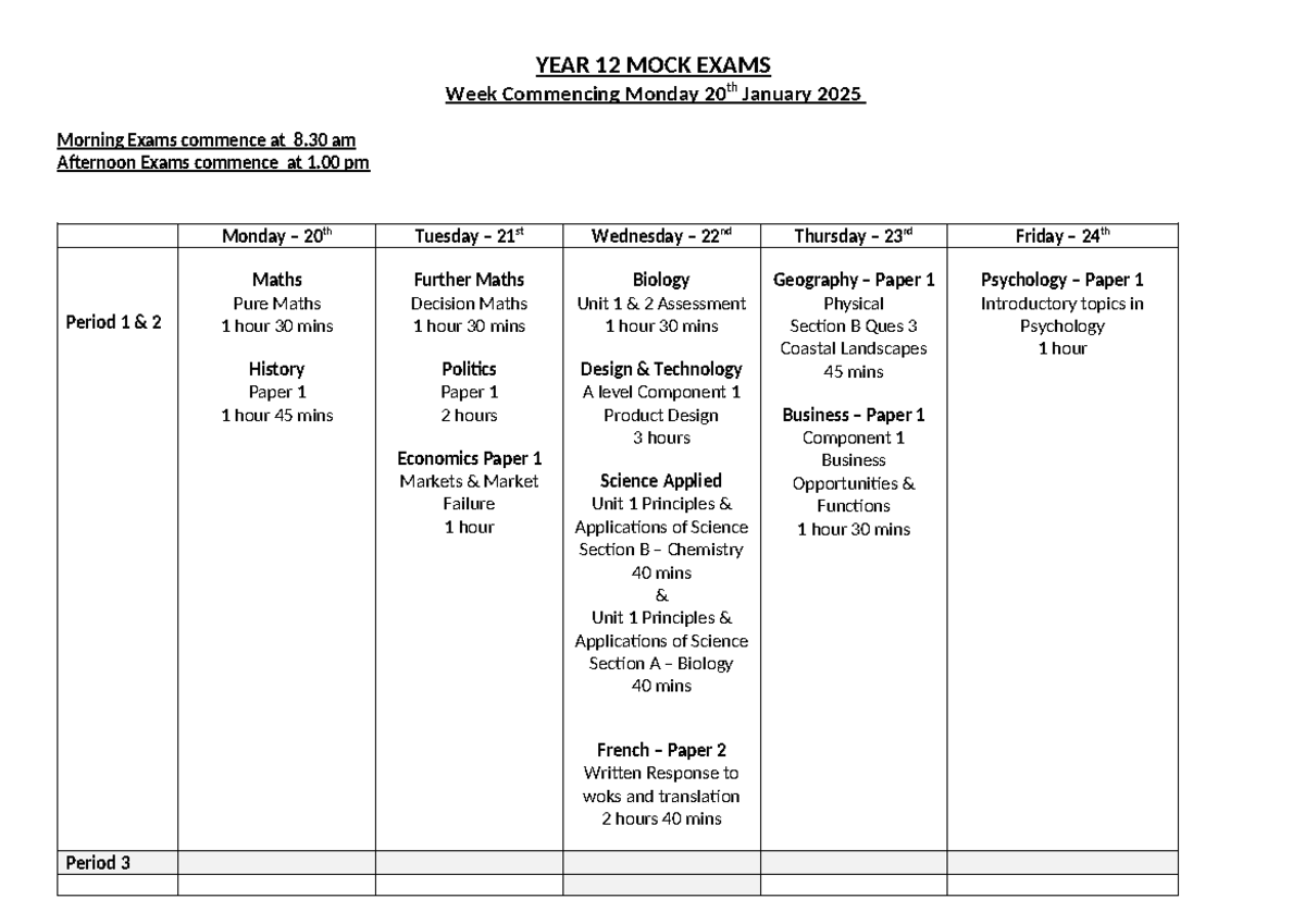 Revision for test - YEAR 12 MOCK EXAMS Week Commencing Monday 20 th ...