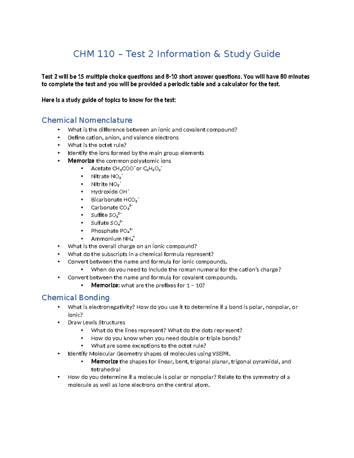 CHM 110 – Test 2 Study Guide: Key Topics & Format Details - Studocu