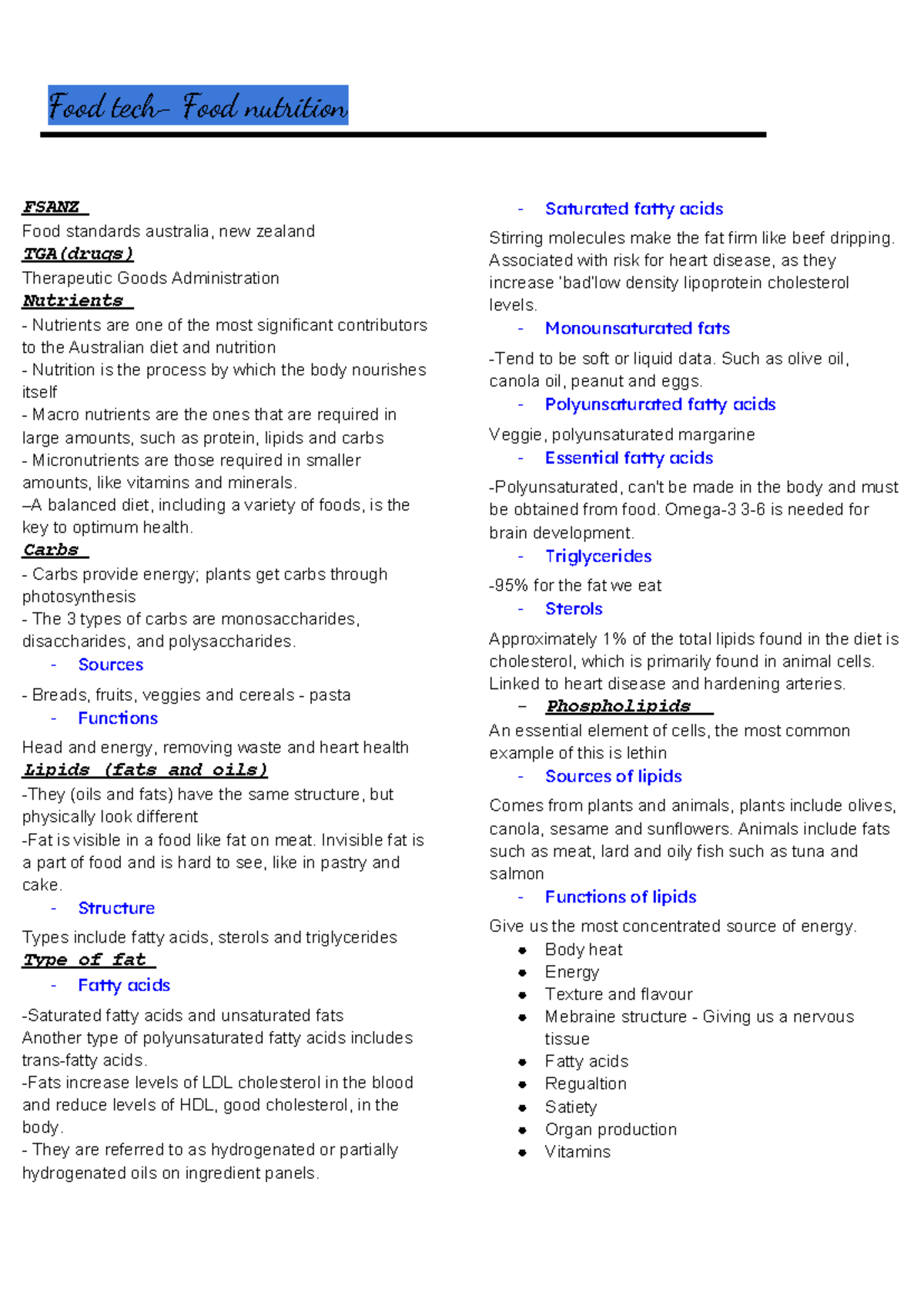Food Nutrition Overview: Key Nutrients and Their Functions - Studocu