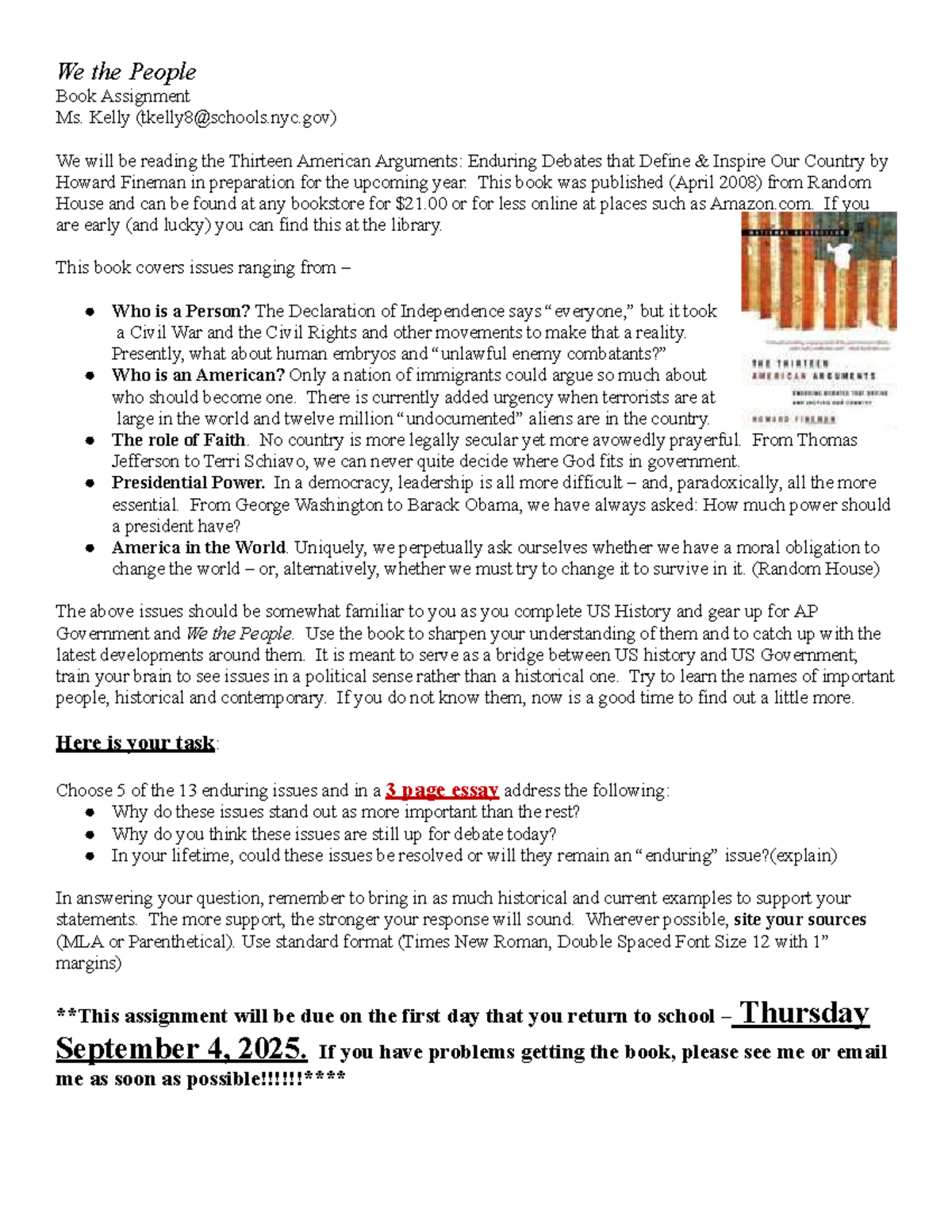 Thirteen American Arguments: Summer Assignment for We the People Course ...