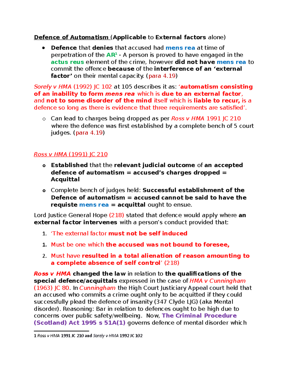 Defence of Automatism: Key Cases and Legal Principles Analysis - Studocu