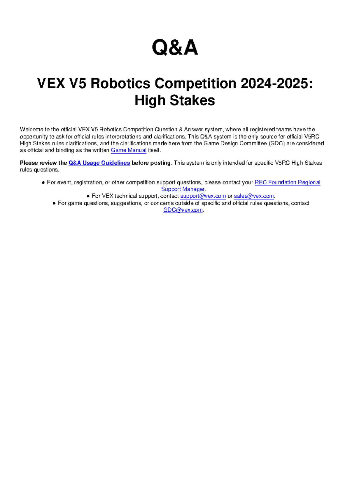 VEX V5 Robotics Competition 2024-2025: High Stakes Q&A Manual - Studocu