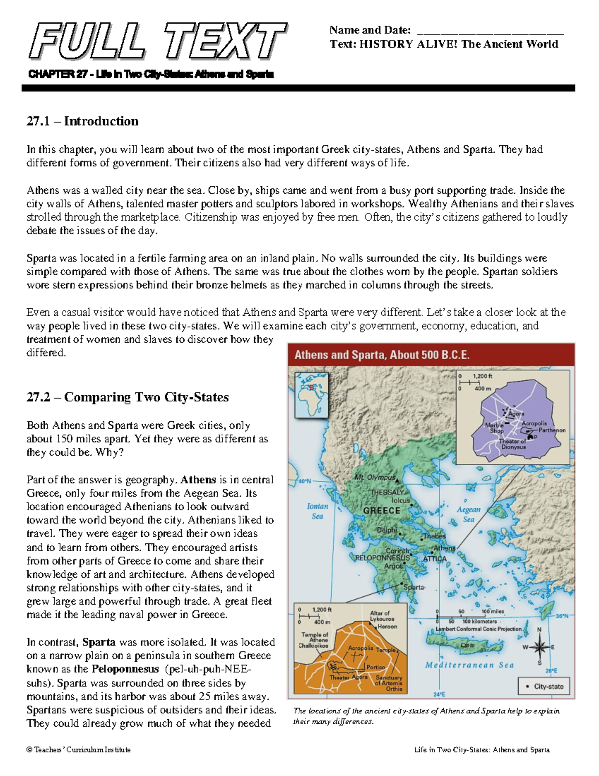 Chapter 27 - Athenian vs. Spartan Life: Governance, Culture, & Society ...