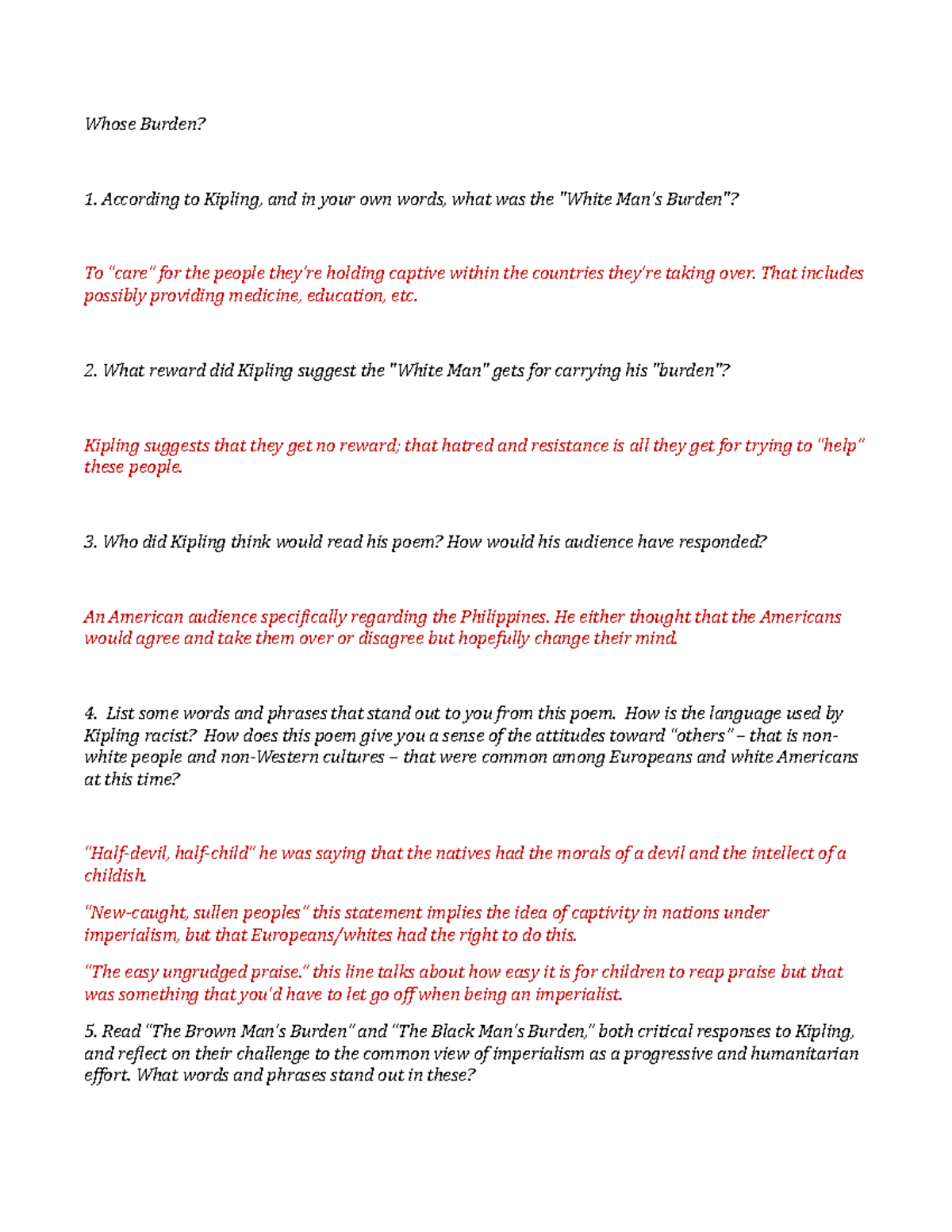 Analyzing the "White Man's Burden": Worksheet Reflections on ...
