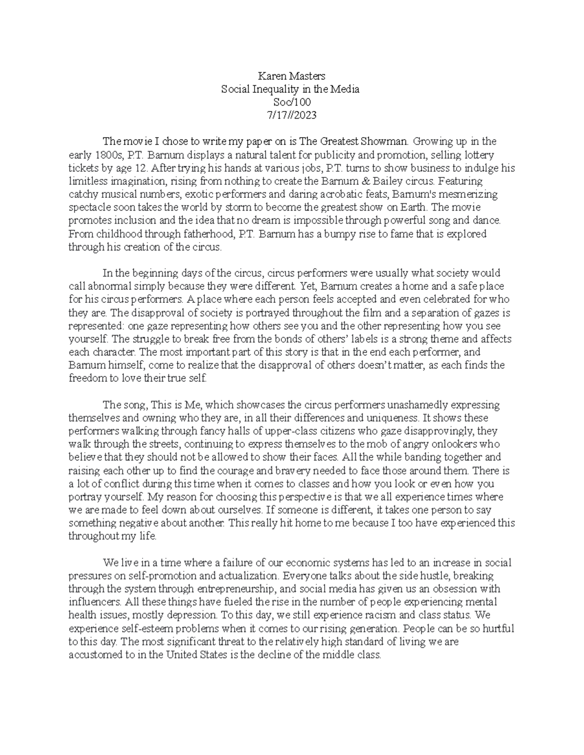 Soc/ Media Analysis of Social Inequality in "The Greatest Showman ...