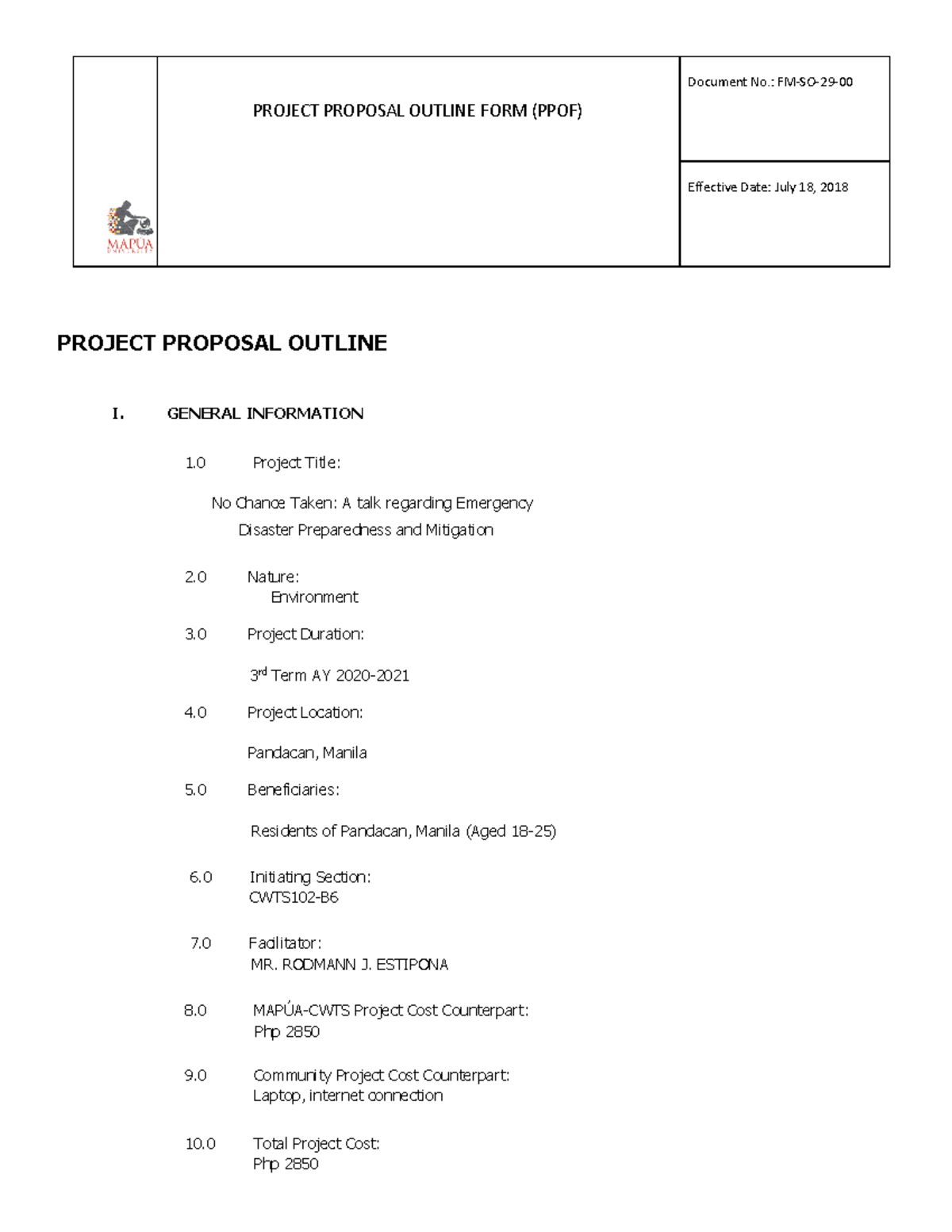 CWTS-102-B6-PPR: Disaster Preparedness Project Proposal Outline - Studocu