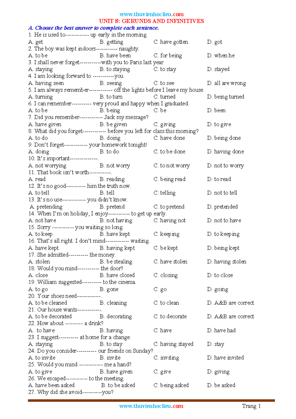 MS TRAM - Gerunds and Infinitives - English Exercise - Studocu