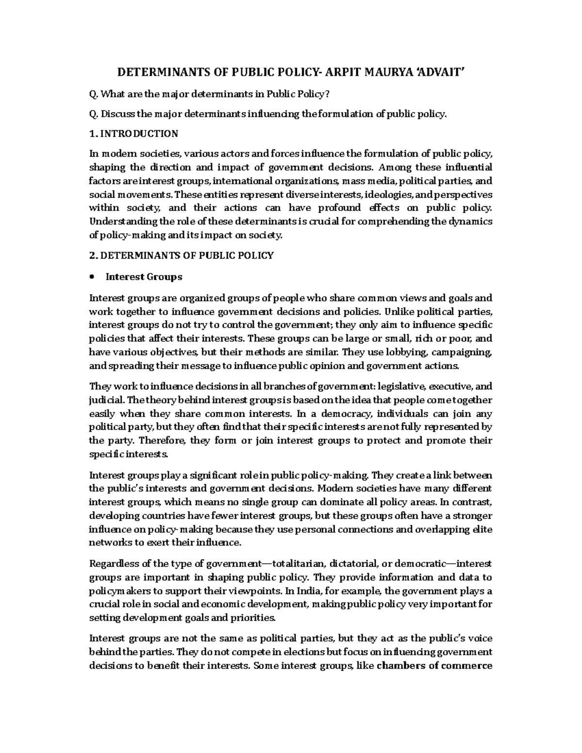 Determinants of Public Policy: Exploring Influencing Factors - Studocu