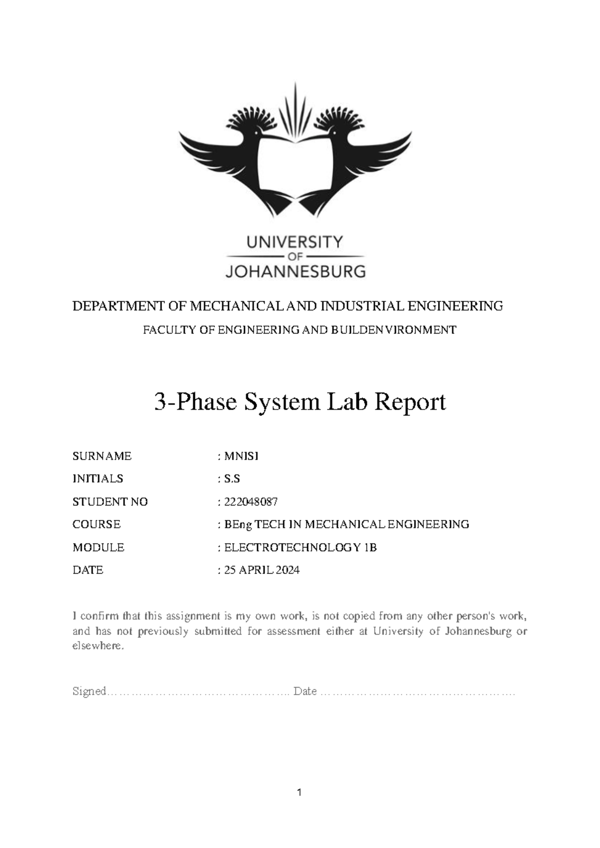 3-Phase System Lab Report for BEng Tech in Mechanical Engineering - Studocu