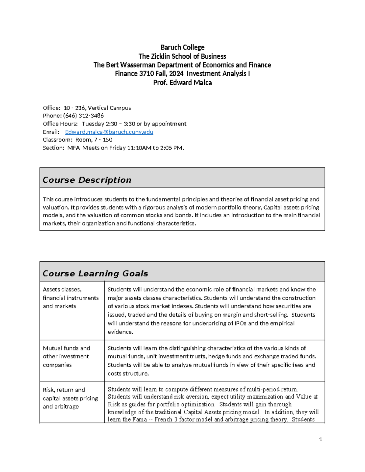 Investment Analysis I Syllabus - FIN 3710 Fall 2024 - Studocu