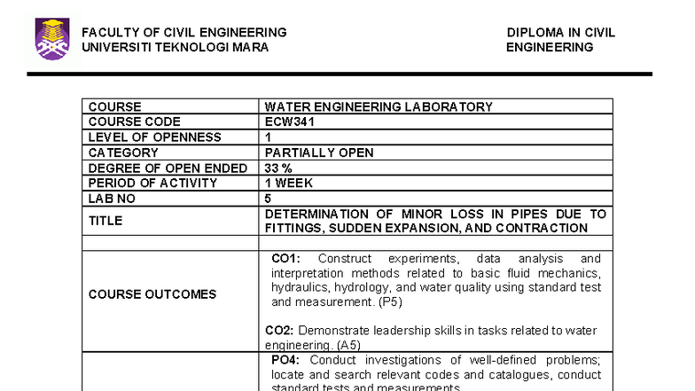 ECW341 Water Engineering Lab: Minor Loss in Pipes Experiment - Studocu