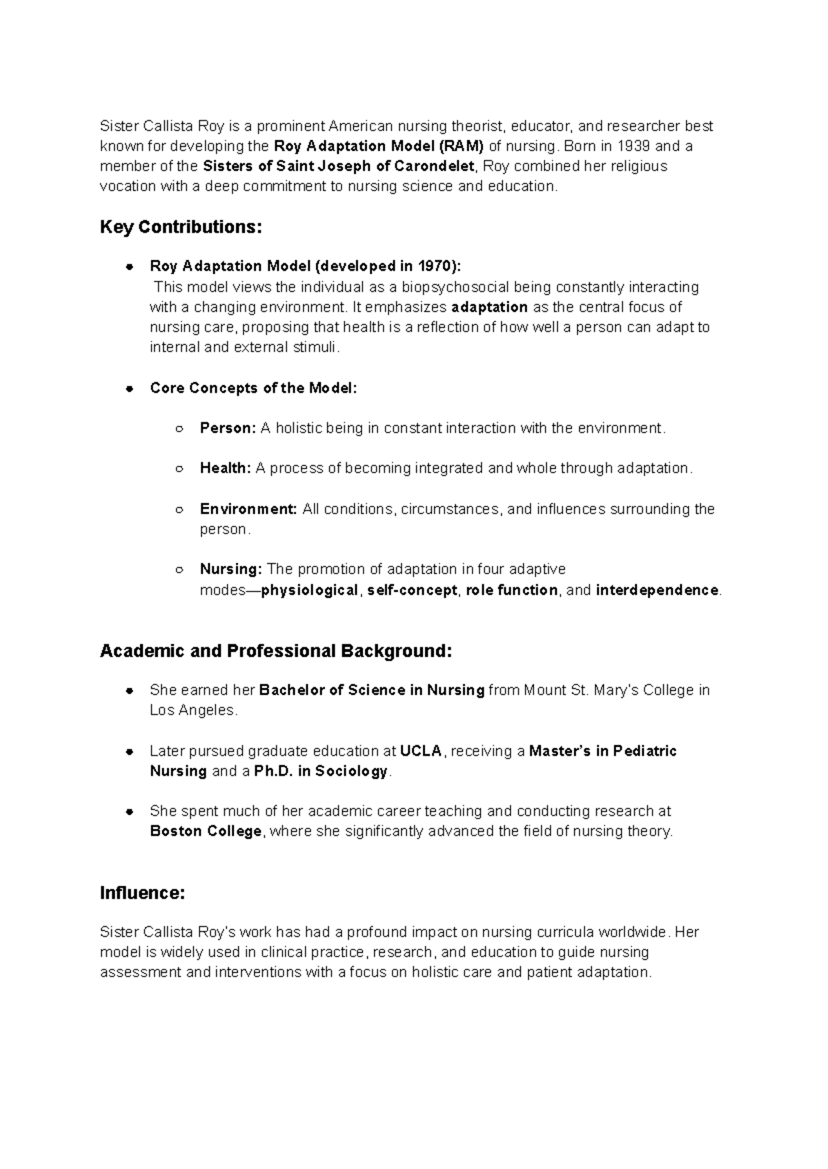 Sister Callista Roy: Key Contributions to Nursing Theory and RAM - Studocu