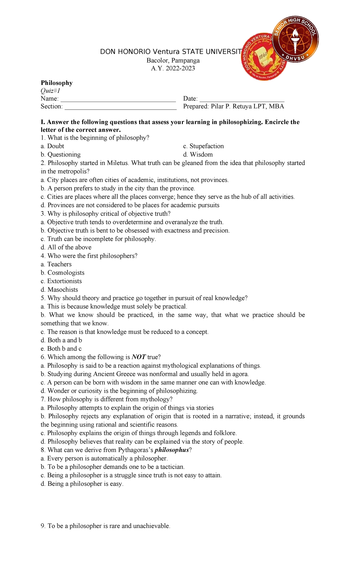 Philosophy-QUIZ Notes for DON HONORIO Ventura STATE UNIVERSITY - Studocu