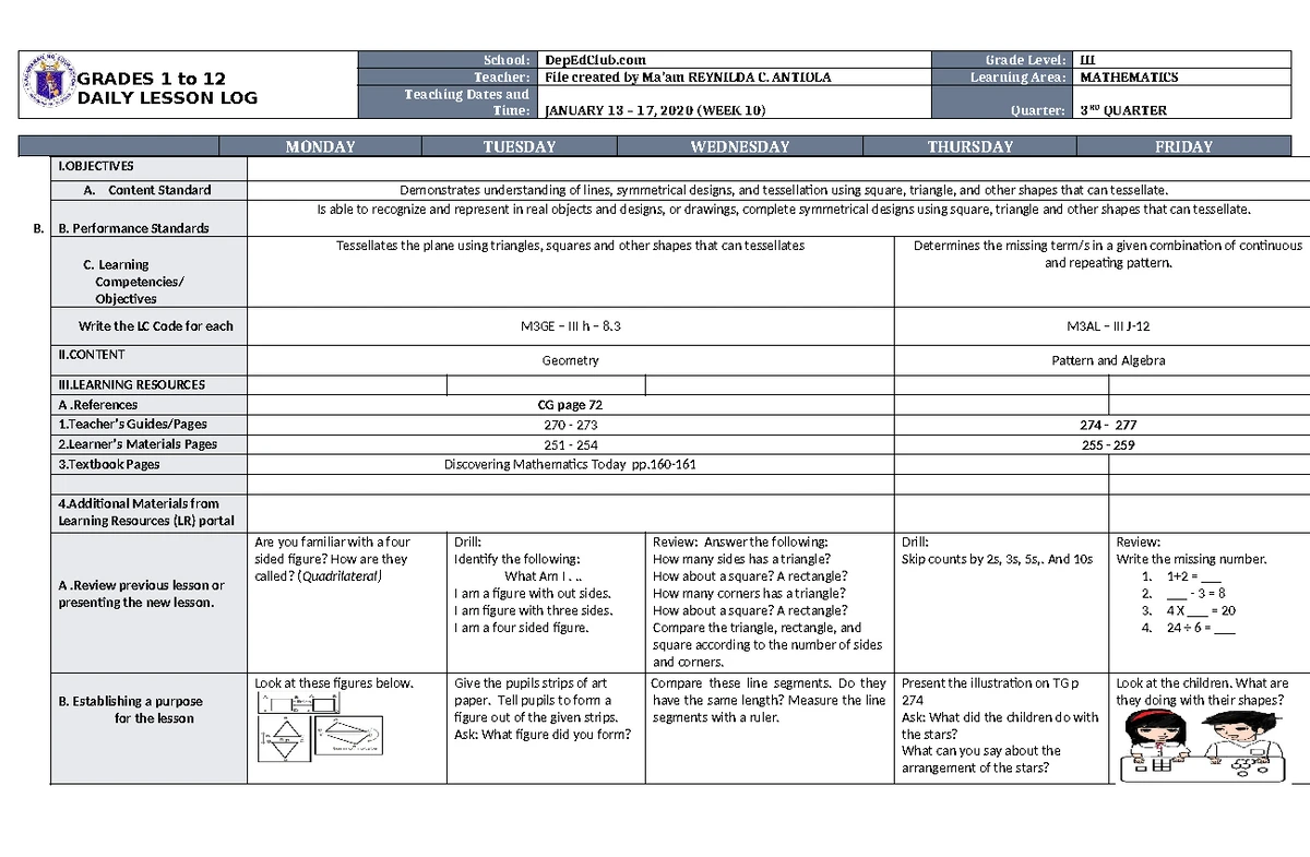 DLL Matatag Mathematics 5 Q1 W1: Weekly Lesson Log on Time - Studocu